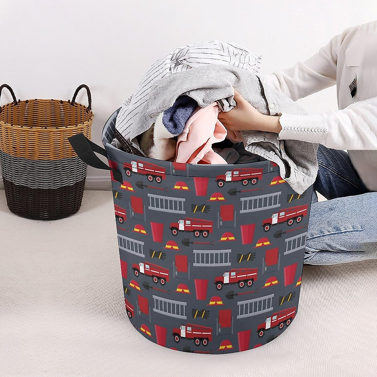 Cartoon Firefighter Equipment and Tools Baby Laundry Hamper,laundry Basket,Waterproof Storage Bin for Bedroom,Clothes Organizer Basket,Toys Box,Room Decor