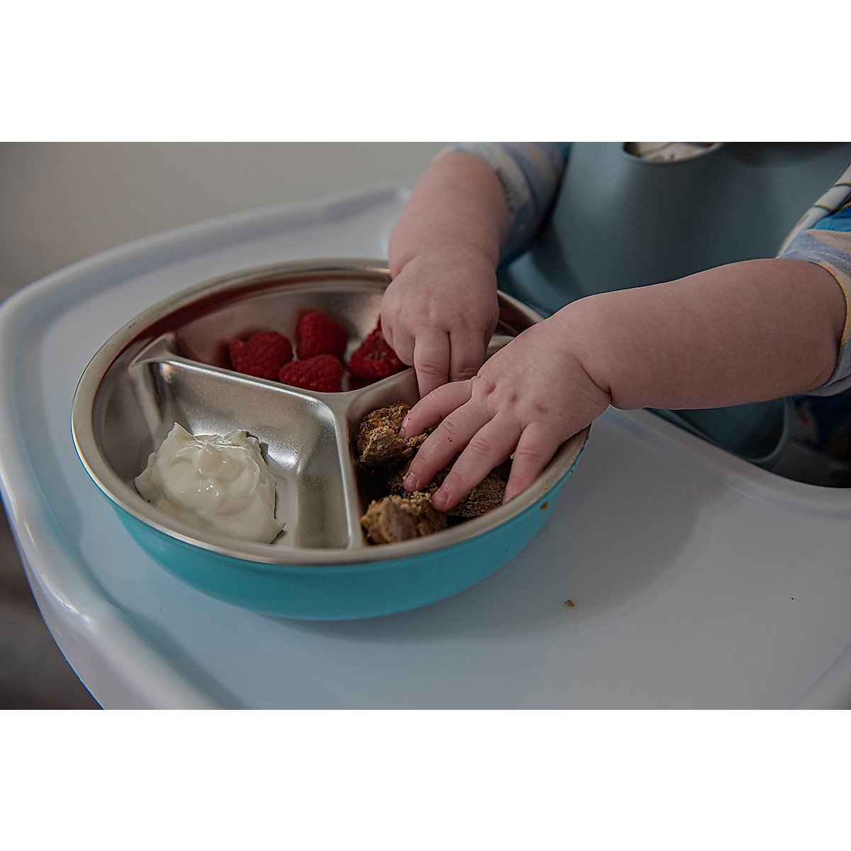 Wild & Free Ranch Stainless Steel Plate and Bowl Combo with Strong Anti-Slip Removeable Suction and Semi-Transparent Lid Designed for Children (Blue)