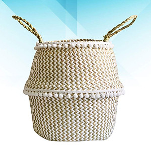 NUOBESTY Natural Round Seagrass Belly Basket with Handles for Storage Nursery Laundry Picnic Plant Pot Cover and Grocery and Toy Storage
