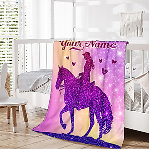 FLEXIMX Personalized Throw Blanket Gifts with Name, Horse Throw Blanket for Kids Girls Women Horse Lovers, Custom 60x50 Inches Pink Blankets Decor for Couch Sofa Bed