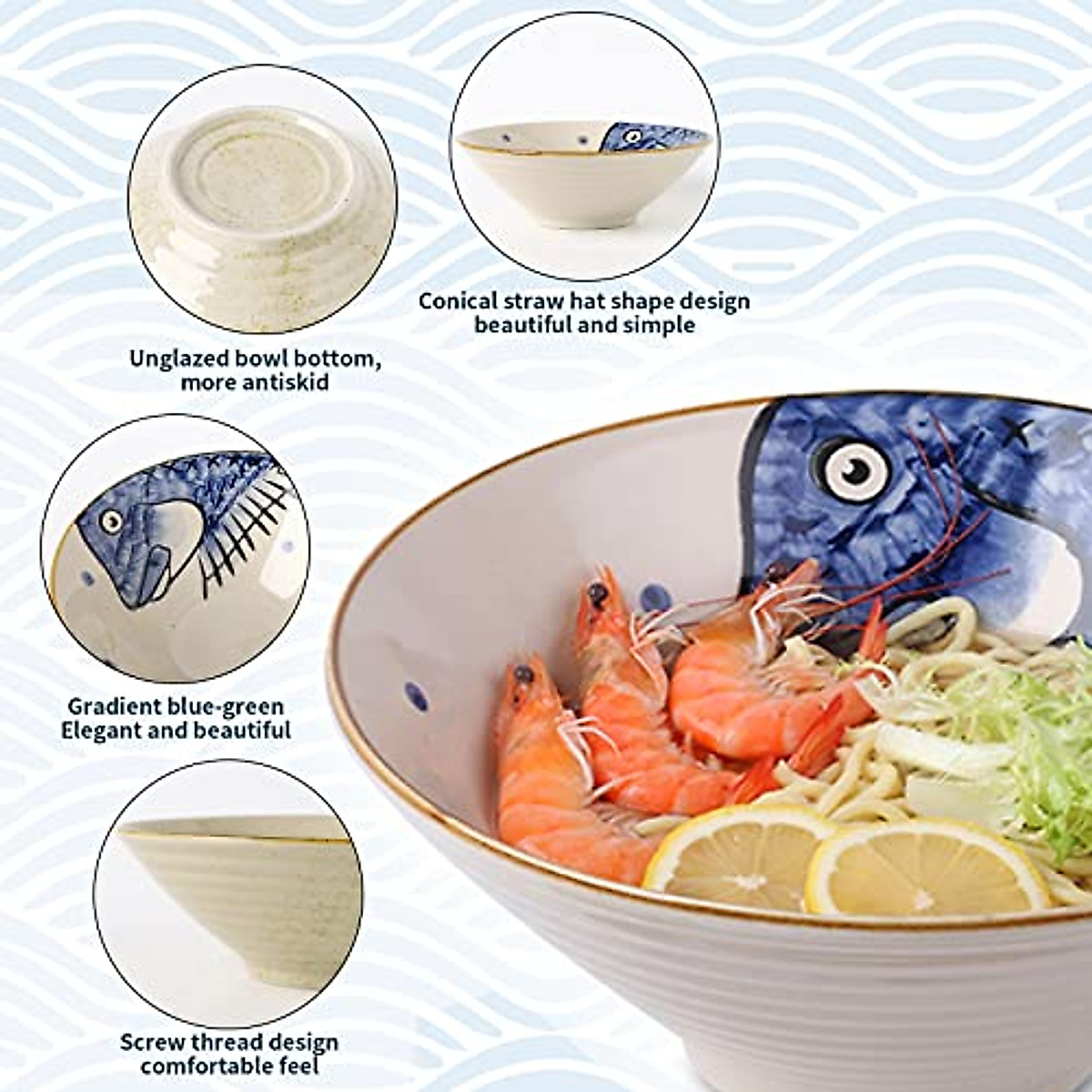 NJCHARMS Ceramic Japanese Ramen Noodle Soup Bowl, 2 Sets (6 Piece) 60 Ounce Ramen Bowls, with Spoons and Chopsticks for Udon, Pho, Asian Noodles, Ramen Noodles Bowl, Blue