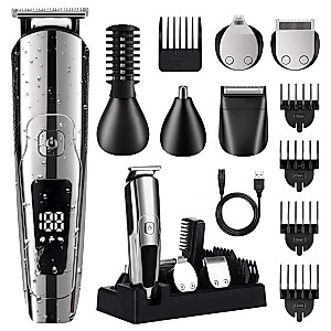 PRITECH 6 in 1 Beard Trimmer for Men Electric Hair Clipper Cordless Mens Grooming Kit, Hair Trimmer & Mustache Trimmer & Nose Hair Trimmer& Micro Shaver Waterproof LED Display(Silver)
