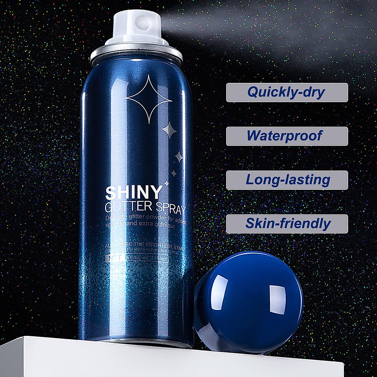 Shiny Glitter Spray, Hair and Body Glitter Spray, Quick-Drying Waterproof Long-Lasting Body Shimmery Spray for Prom, Festival Rave and Stage Makeup (2.11 oz)