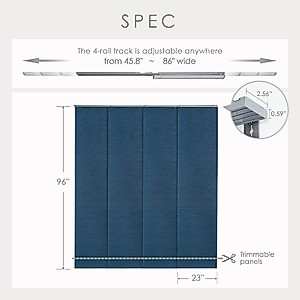 GoDear Design Adjustable Vertical Blinds for Sliding Glass Doors 45.8"- 86" W x 96" H, Extendable Sliding Panel Track Blinds for Windows, Blue Shimmering Trimmable Fabric Panels, Semi-Sheer, Sapphire