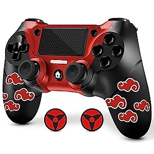 FTFVaska Wireless Controller for PS4 Compatible with PS4/Slim/Pro, Gamepad with Enhanced Dual Vibration/Analog Sticks/6-Axis Motion Sensor/Charging Cable/Thumb Caps! (Red Cloudy)