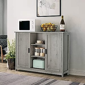Iwell Floor Storage Cabinet with 2 Doors and 2 Open Shelves, Wooden Buffet Cabinet, Freestanding Cabinet for Kitchen, Living Room, Hallway, Grey