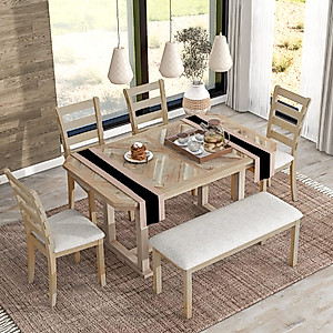 BIADNBZ 6-Piece Dining Table Set with Bench, Rectangular Tabletop Grain Pattern and 4 Chairs w/Soft Cushion, for Kitchen, Natural Wood Wash