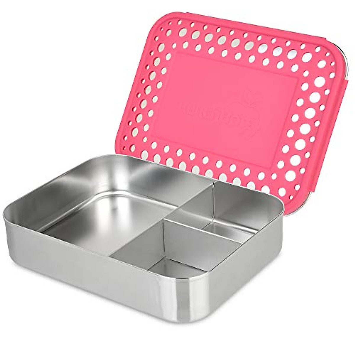 LunchBots Large Trio Stainless Steel Lunch Container -Three Section Design for Sandwich and Two Sides - Metal Bento Lunch Box - Eco-Friendly - Stainless Lid - Pink Dots