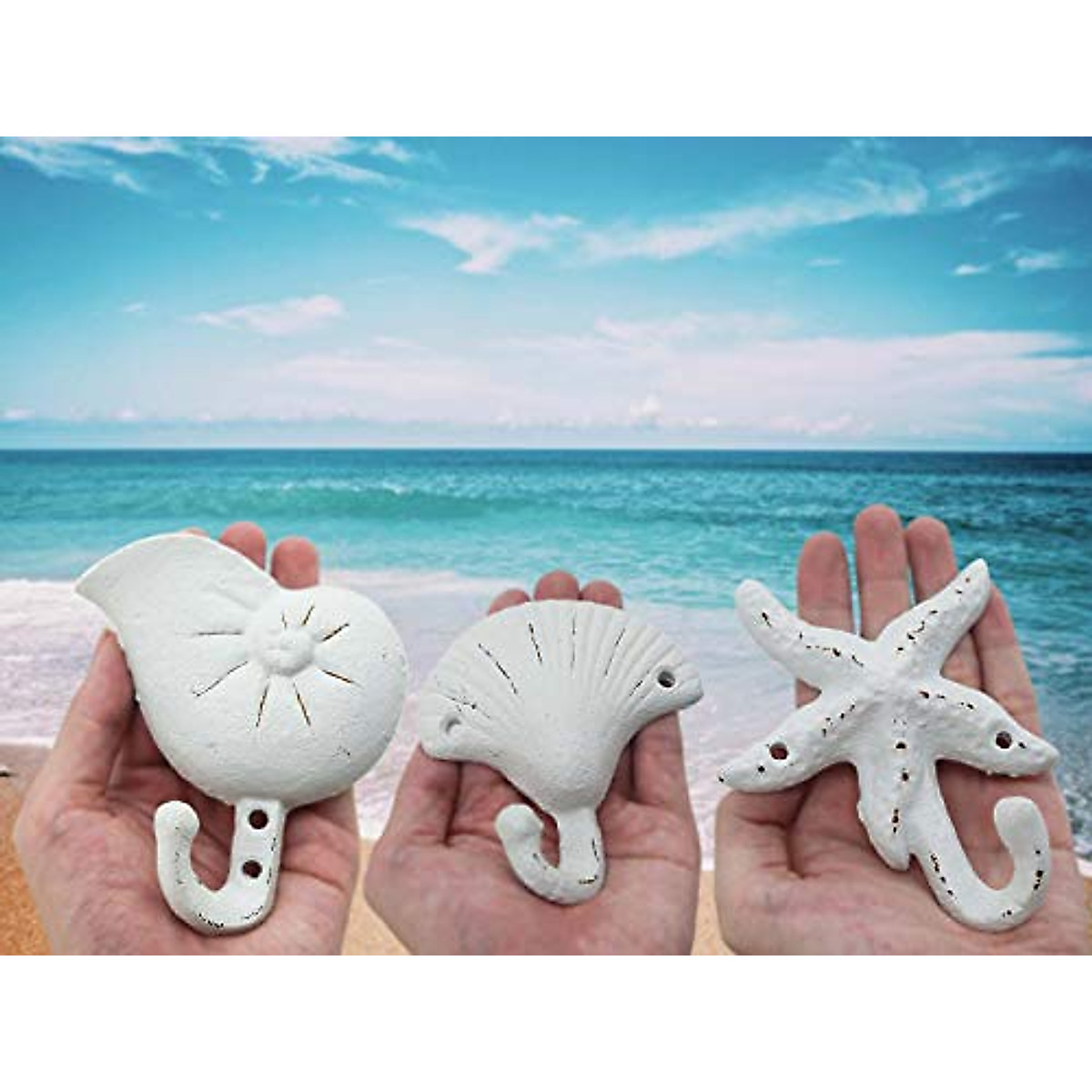 Sea Snail Starfish Shell Shape Cast Iron Nautical Wall Hooks Set, 3-Pack Assorted Rustic White Seaside-Themed Wall Mount Coat Hooks, Beach Coastal Wall Decor