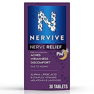 Nervive Nerve Relief PM, with Alpha Lipoic Acid, to help Reduce Nerve Aches, Weakness, & Discomfort in Fingers, Hands, Toes & Feet*†, Vitamins B1&B6, Melatonin, Chamomile, Lavender, 30 Nightly Tablets