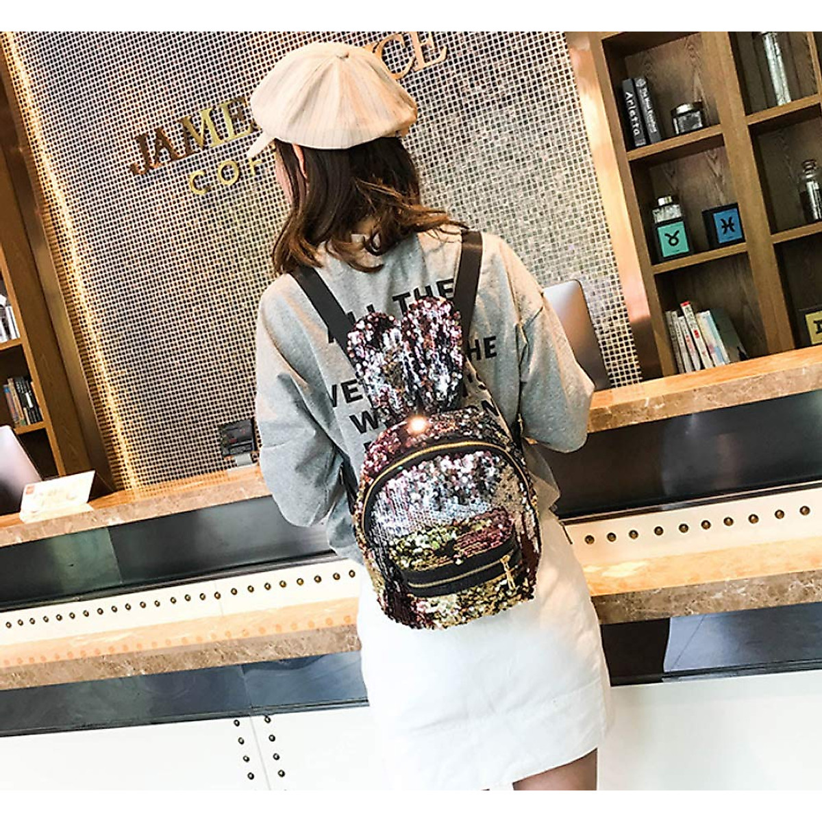 Shoulder Bag For Women With Cute Rabbit Ears Backpack Sequins Shoulder Bag Travel Day pack (Multicolor Gold)