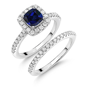 Gem Stone King 925 Sterling Silver Blue Created Sapphire and Moissanite Wedding Engagement Ring Band Bridal Set For Women (1.52 Cttw, Cushion 6MM, Available in size 5, 6, 7, 8, 9)