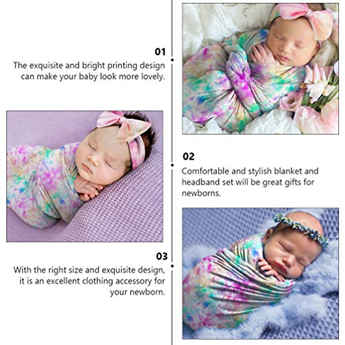 TOYANDONA Infant Swaddle Wrap Tie Dye Receiving Blanket with Bow Headbands Baby Wrap Blanket Stretchy Swaddle Sack Photo Booth Prop for Newborn Infant Baby Unisex