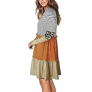 Women Casual Long Sleeve Tunic Dress Cute Button V Neck Swing Babydoll Flowy Tiered Mini Ruffles Dresses Loose Leopard Striped Color Block