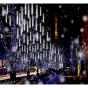 Kwaiffeo Meteor Shower Lights, Christmas Tree Lights Outdoor 12 inch 8 Tube 192 LED Falling Snow Cascading Icicle String Lights for Christmas Decoration Wedding Party Holiday Window Eave, White