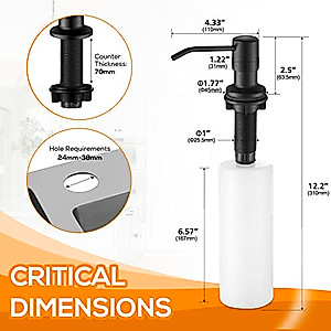 Built in Soap Dispenser for Kitchen Sink Matte Black Soap Dispenser Pump Stainless Steel Pump Head, Counter Soap Dispenser Refill from The Top with 17 Ounce PE Bottle