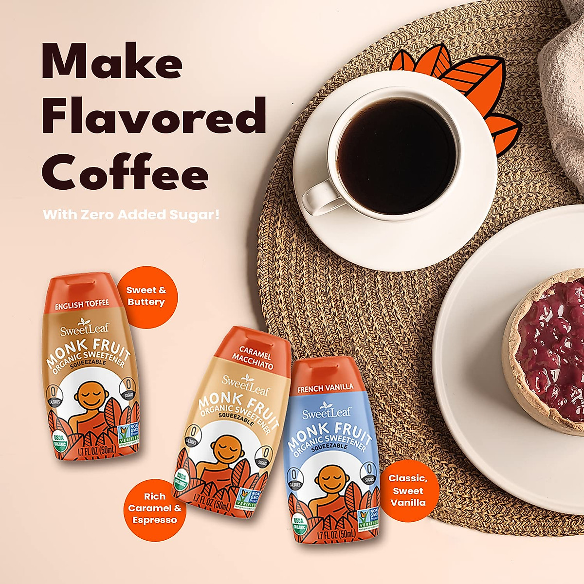 SweetLeaf Organic Monk Fruit Sweetener, Monk Fruit Extract, Sugar Free Monkfruit Sweetener, Keto Syrup for Coffee, Sugar Alternative, 3 Flavors, 1.7 Fl Oz Ea (Pack of 3)