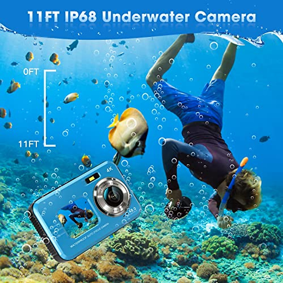 4K Waterproof Camera Underwater Camera 64GB Card Included in the Adapter Dual Screens Selfie 48MP 16X Digital Zoom Digital Camera Fill Light 11FT Underwater Camera for Snorkeling Kids with 2 Batteries