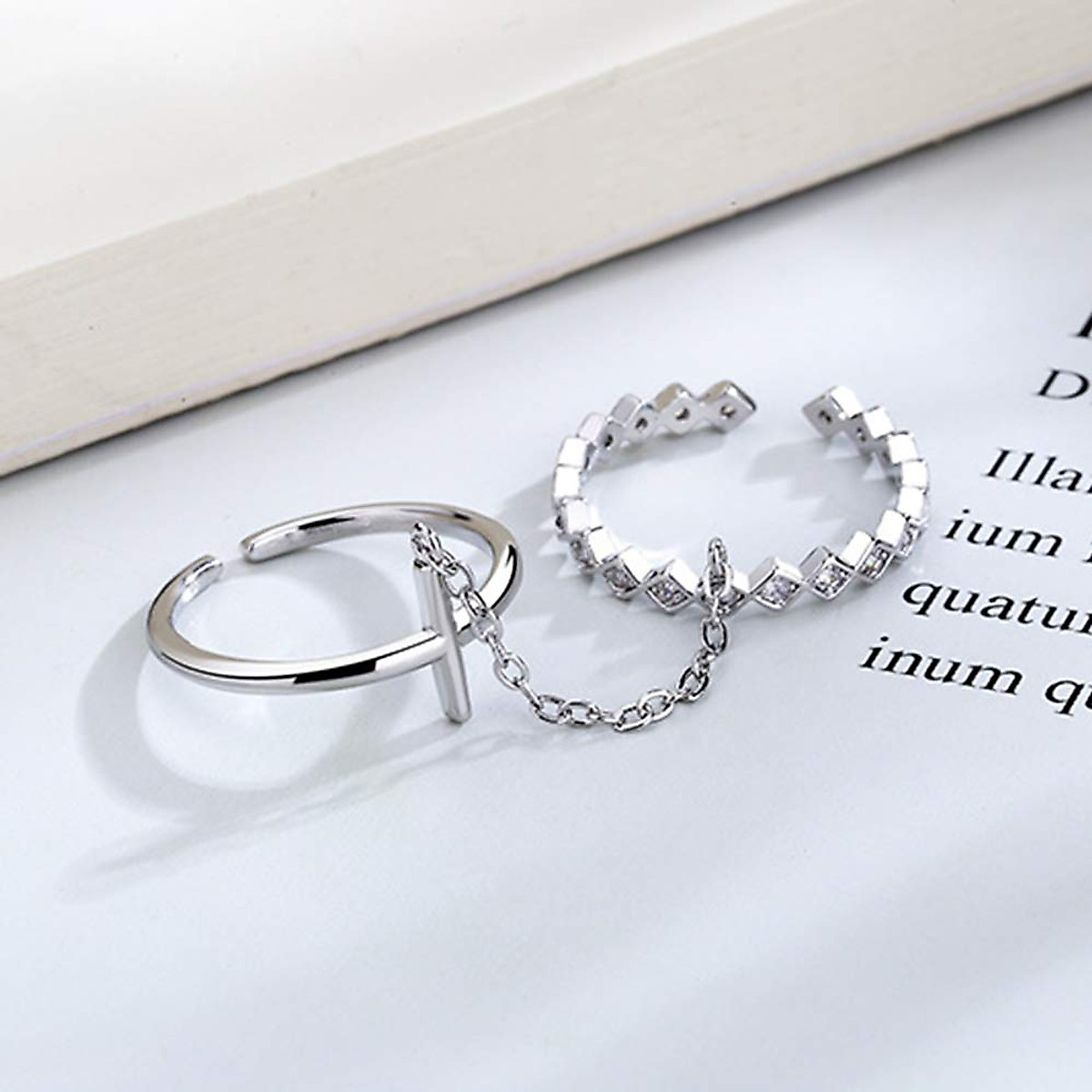 Double Open Cross Faith Rings for Women Silver Plated CZ Geometric Chain Unique knuckle Stacking Finger Adjustable Statement Engagement Ring Gifts for Her Bff Xmas