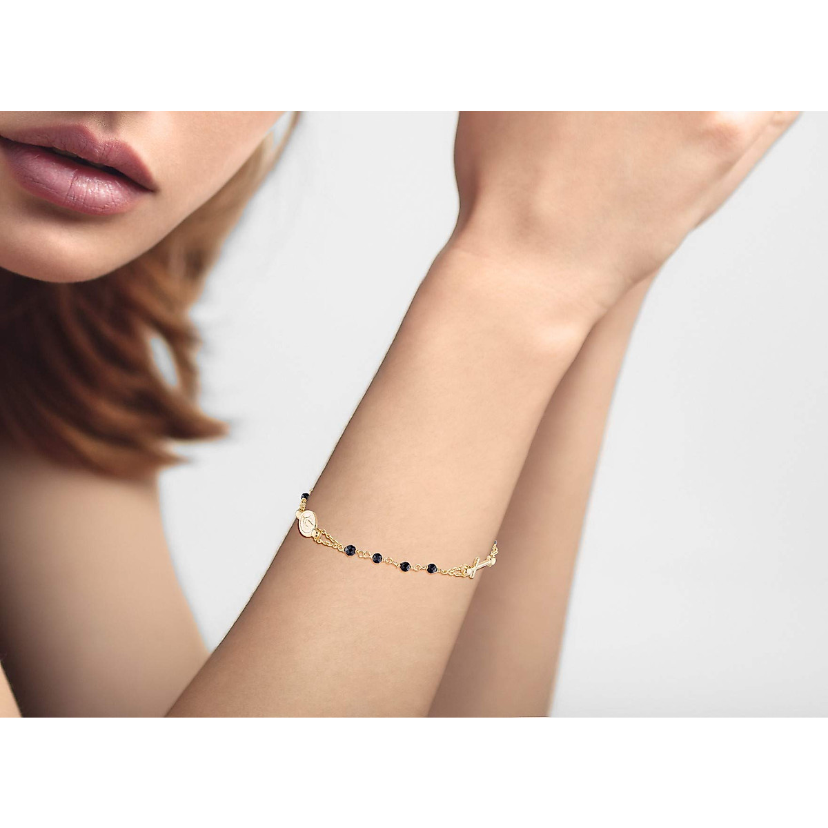 Miabella 18K Gold Over 925 Sterling Silver Italian Natural Black Spinel Rosary Cross Charm Bead Bracelet for Women, Adjustable Link Chain 6 to 8 Inch Handmade in Italy (6" to 7")