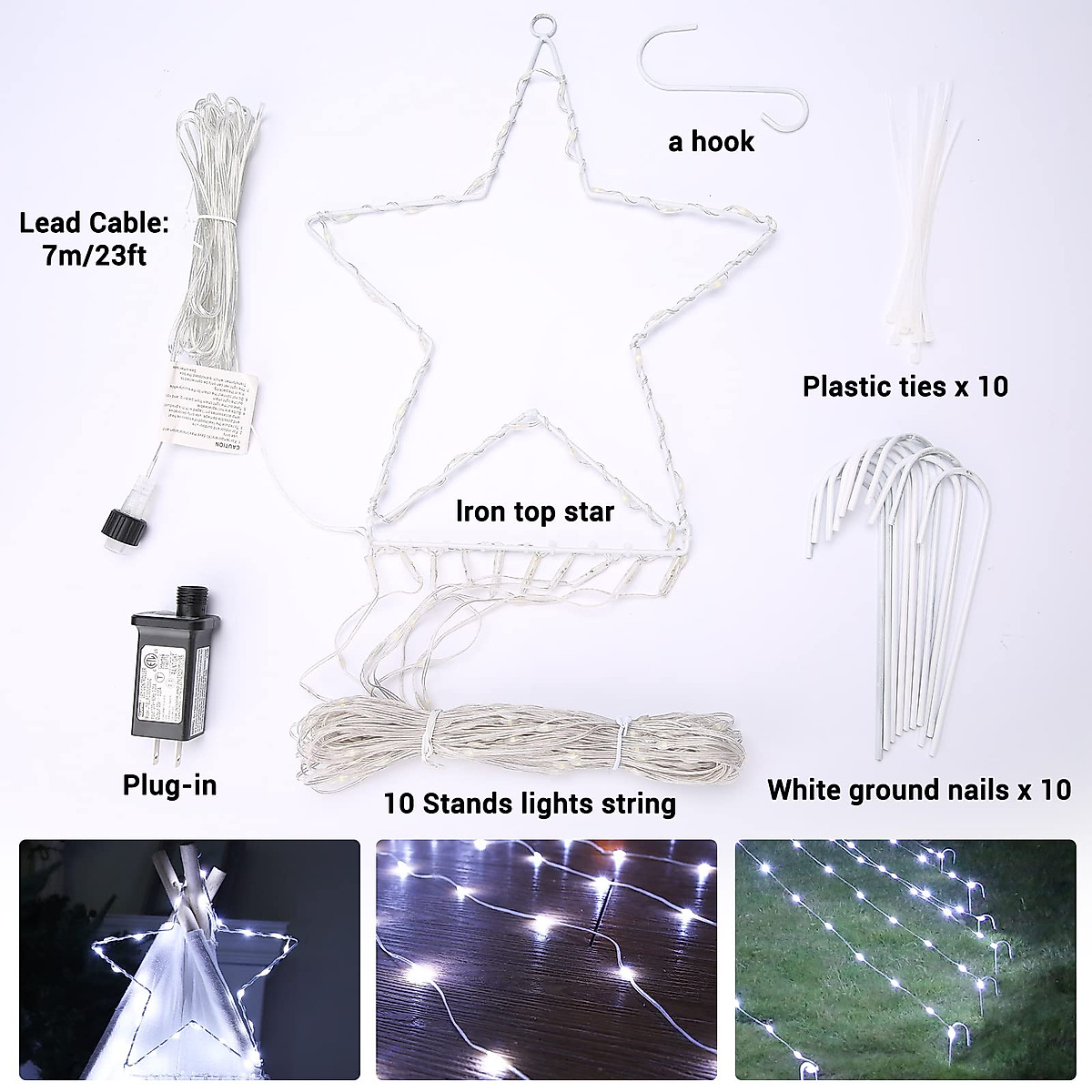 Flacchi White Star Holiday Lights 320 LED Waterfall Tree Lights with 11" Topper Star Christmas Lights 8 Modes Timer Waterproof Fairy Lights Indoor Outdoor Decorative for Patio Garden Wedding Decor