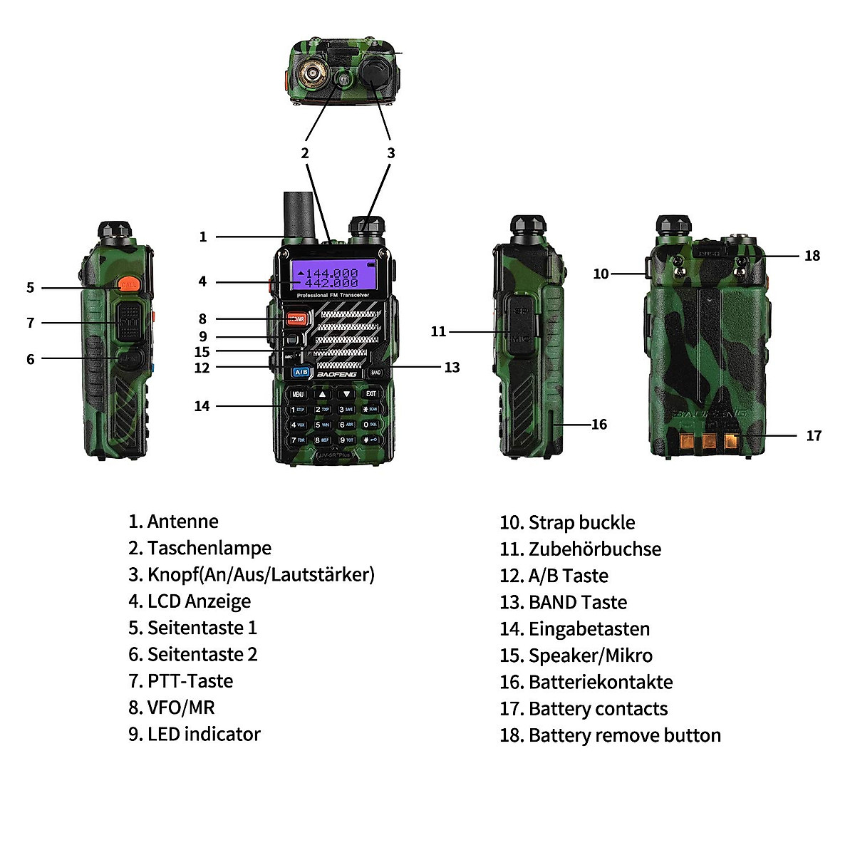 BAOFENG UV-5R+ Plus Two Way Radio, Long Range for Adults Rechargeable with Earpiece, Walkie Talkie for Outdoors, 144-148 420-450MHz, Qualette Series, Jungle Camouflage