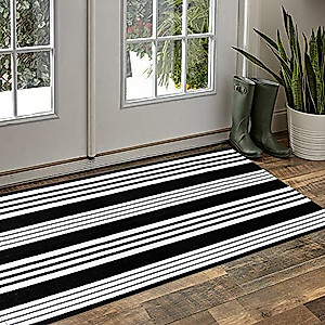 OJIA Cotton Black and White Striped Rug 24'' x 51'' Hand-Woven Indoor/Outdoor Area Rug Layered Door Mats for Front Porch/Entryway/Laundry Room/Bedroom/Outdoor