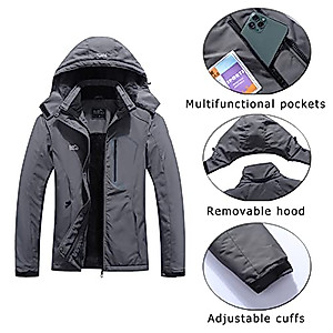 Pooluly Women's Ski Jacket Warm Winter Waterproof Windbreaker Hooded Raincoat Snowboarding Jackets Dark Gray-L