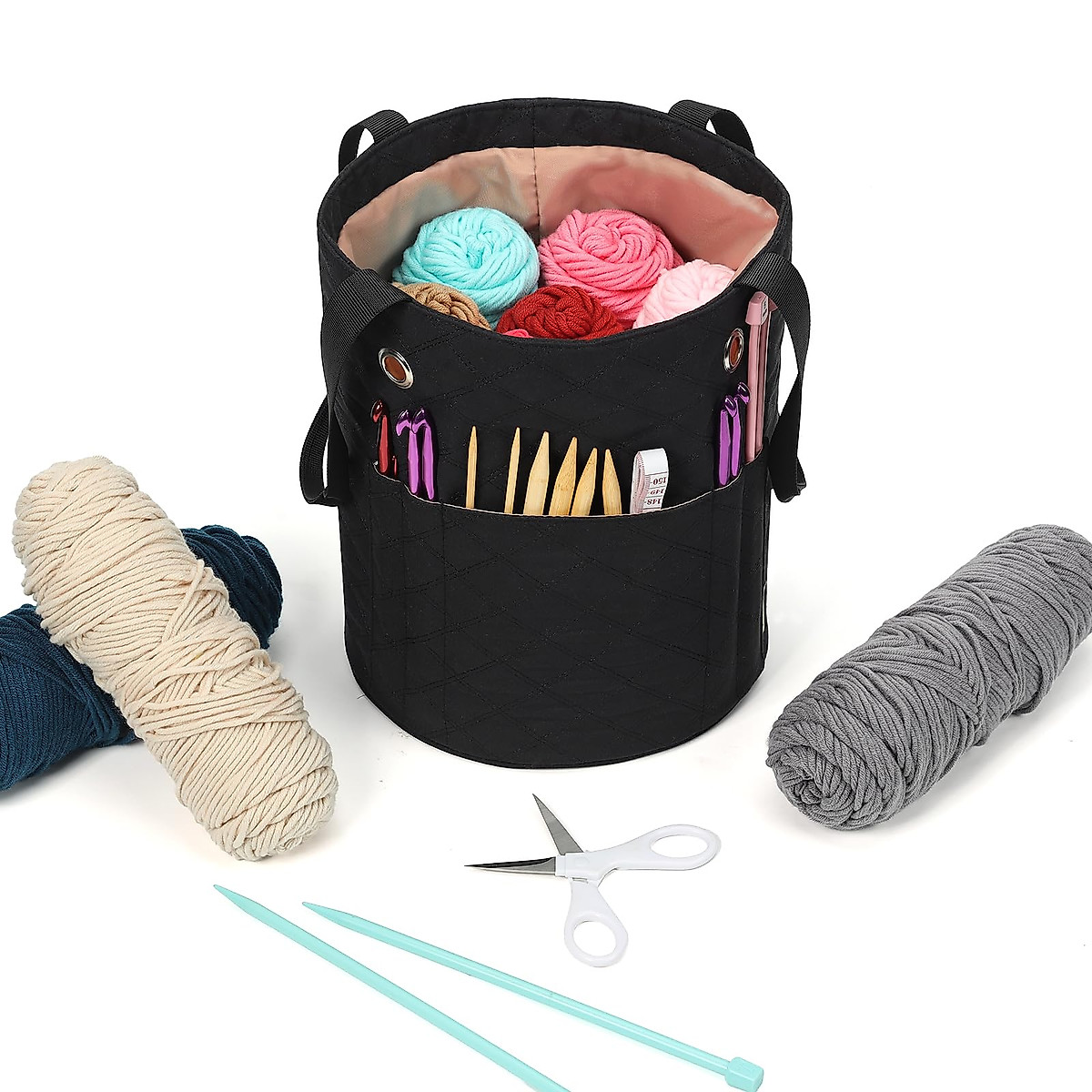 HOMEST XL Yarn Storage Tote, Tangle Free with 6 Oversized Grommets, Knitting and Crochet Organizer, Large Craft Supplies Bag with Drawstring Closure, Ripple (Patent Design)