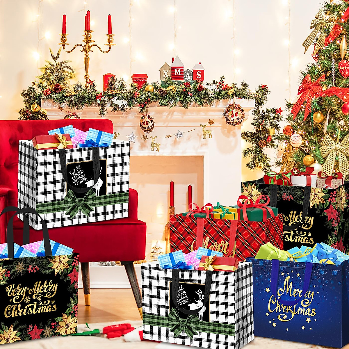 12Pack Extra Large Christmas Gift Bags, 16.5"×12.6"×7.2" Reusable Non-Woven Christmas Tote Bags with Handles, Multifunctional Holiday Gift Bags for Christmas Presents, Party Favors, Groceries, and Goodies