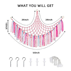 Vorey Stuffed Animal Storage Macrame Stuffed Animal Net or Hammock Toy Hammock Stuffed Animal Holder Hanging Stuffed Animal Organizer Plushie Net for Stuffed Animals Corner, Pink