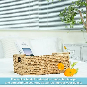 Large Wicker Basket Rectangular with Wooden Handles for Shelves, Water Hyacinth Basket Storage, Natural Baskets for Organizing, Wicker Baskets for Storage 15.5 x 10.8 x 6.2 inches