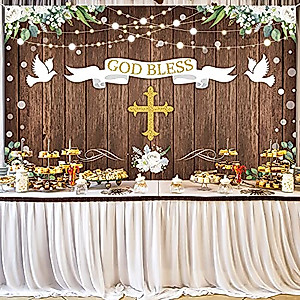 God Bless Baptism Backdrop First Holy Communion Party Decorations Christening Ceremony Newborn Baby Shower Banner Rustic Wood White Floral Ribbon Photography Background Decor Supplies 71 x 43 Inch