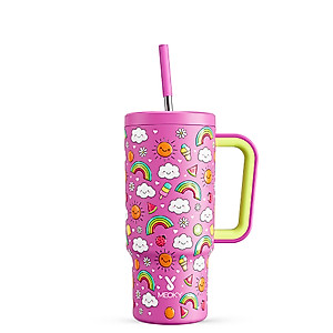 Meoky Kids Tumbler with Handle for Drinks: 24 oz Insulated Toddler Tumbler with Lid and Straw - Keeps Cold for 24 hours - Stainless Steel Travel Mug BPA-Free for School Trip - Girls Students, Cloud