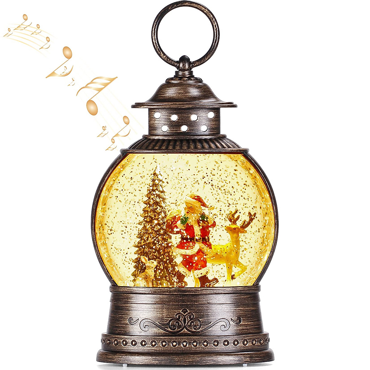 Christmas Snow Globes Musical with Santa Claus & Reindeer, Kikth Snowglobes Christmas Lantern Glitter Lighted for Christmas Decorations and Gift, Bronze