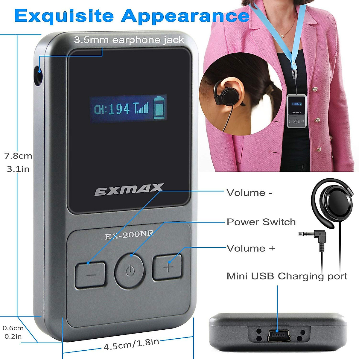 EXMAX EX-200N UHF Wireless Tour Guide Audio Voice Transmission Set Hands-free Transmitter Receiver 200 Channels for Church Translation, Presentation, Silent Conference - 1 Transmitter & 10 Receivers