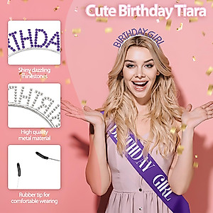 Birthday Sash Birthday Crown for Women, Birthday Girl Sash, Birthday Girl Crown, Purple Birthday Sash and Crown Rhinestone Headband Set, Happy Birthday Girl Princess Tiara Sash Accessories Gifts