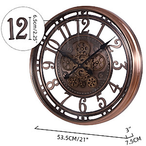 INFINITY TIME 21 Inch Moving Gears Wall Clock,Large Wall Clocks for Living Room Decor,Metal Decorative Wall Clock,Copper Roman Numeral