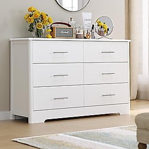 HOSATCK 6 Drawer Dresser, Modern White Double Dresser, Wide Chest of Drawers with Metal Handels, Accent Wood Storage Dresser Chest Organizers for Living Room, Hallway, Entryway (Trapezoid/White)