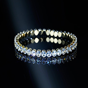 Oval Cubic Zirconia Open Adjustable Cuff Bracelet for Women Men, Yellow Gold Plated Personalized CZ Tennis Bracelet and Rhinestone Anklets Chain (Oval CZ Bracelet)