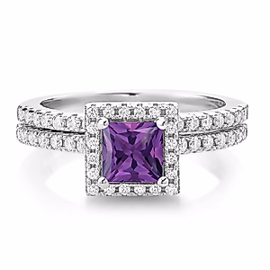 Gem Stone King 925 Sterling Silver Purple Amethyst and Moissanite Women Wedding Engagement Ring Band Bridal Set (1.21 Cttw, Princess Cut 5MM, Available in size 5, 6, 7, 8, 9)