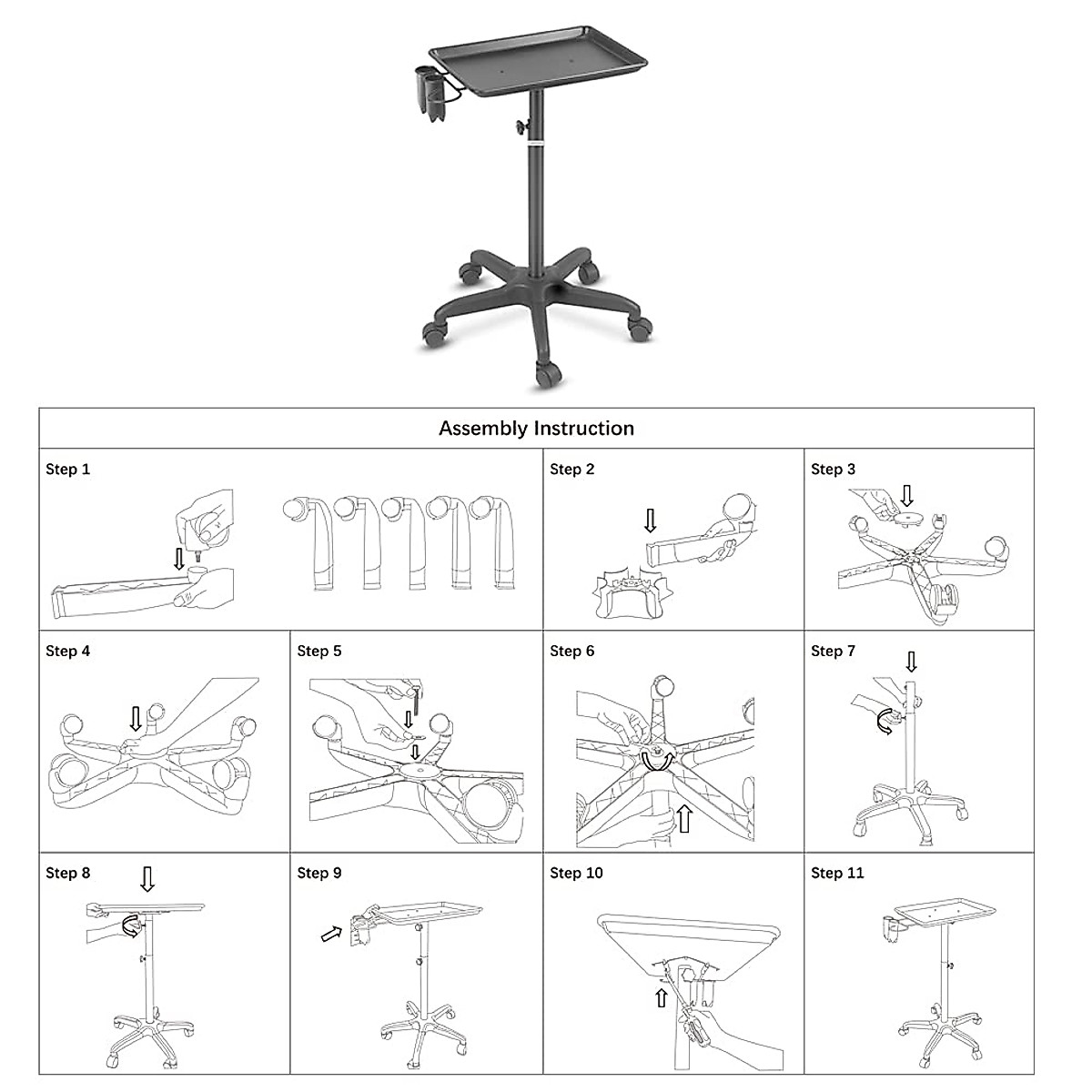 Salon Tray on Wheels, Tattoo Tray, CAKMSMAO Aluminum Beauty Rolling Salon Tray Station, Adjustable Height Mobile Folding Storage Salon Trolley (Black)