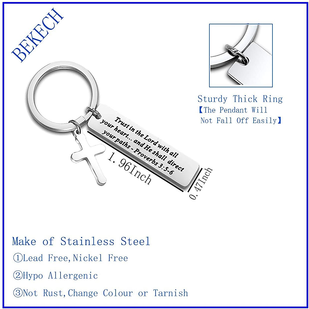 BEKECH Christian Proverbs 3:5-6 Trust in The Lord With All Your Heart Cross Charm Keychain Bible Verse Gift, Trust in the Lord With All Your Heart.. Brown Card, S