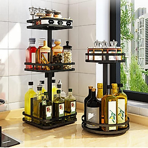 YunNasi Spice Rotating Turntable Metal Black Spinning Spice Rack Lazy Susan Organizer Spice Racks Free Standing for Kitchen Storage (Round, 2 Tier)