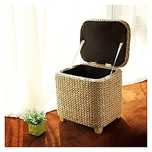 ALDEPO Shoe Cabinet Ottoman Storage Boxes Handmade Straw Solid Wood Shoe Changing Stool Multifunctional Rattan Footstool Healthy and Clean Dual Use Footstool for Home Closet Bedroom
