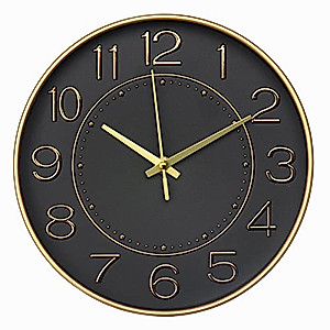 HZDHCLH 10 inch Small Wall Clocks Battery Operated,Black and Gold Quartz Round Clock for Wall,Silent Non Ticking Modern Wall Clock for Living Room Bedroom Kitchen Office School Classroom Decor