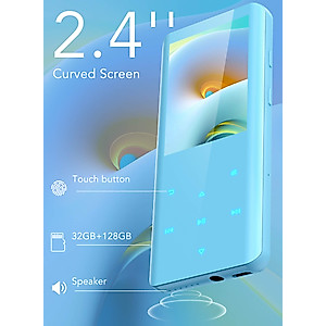 MP3 Player with Bluetooth 5.3, AGPTEK A19X 2.4" Curved Screen Portable Music Player with Speaker Lossless Sound with FM Radio, Voice Recorder, Built in 32GB, Supports up to 128GB, Blue