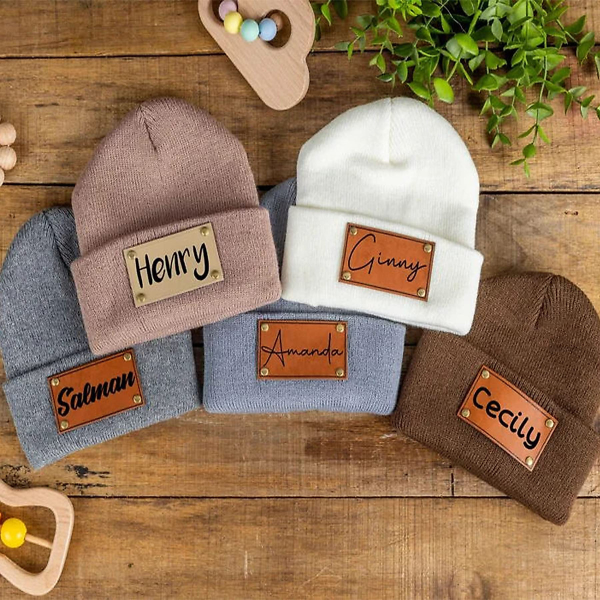 Personalized Beanie Hats, Custom Leather Patch Knitted Beanies Infant Toddler Kids Youth Child Baby Newborn Adult Beanie
