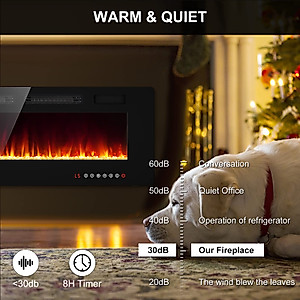 BREEZEHEAT 50 inch Electric Fireplace Wall Mounted/Freestanding-Ultra Thin Fireplace Inserts for Living Room with Double Heat Vent, Remote Control, Touch Screen, Led Flame, 8H Timer, 750w/1500w