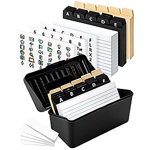 OFFILICIOUS Index Card Holder 3x5 Set – Heavy-Duty Index Card Organizer Box with Dividers – 100 Ruled Index Cards 3x5, 25 Manila Dividers, 25 Plastic Dividers, 72 Easy-Read Stickers & 5 Box Labels